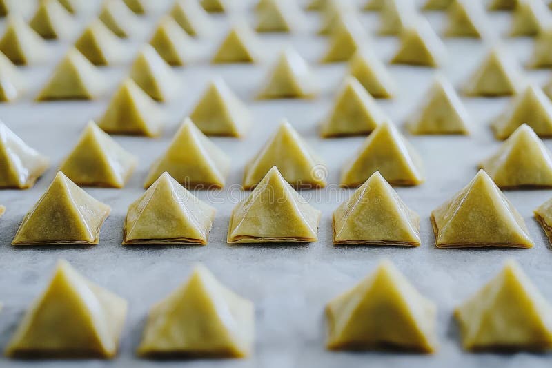 Miniature Hand Folded Crispy Pastry Triangles Filled with Spiced Nut ...