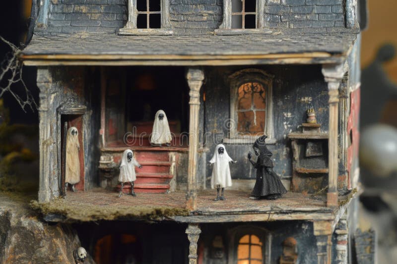 A Miniature Haunted House with Ghosts and a Grim Reaper Stock ...