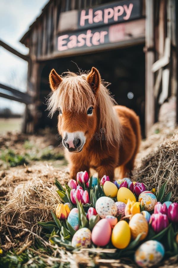 Miniature Horse by Easter Decorations in a Rustic Barn Setting Outdoors ...