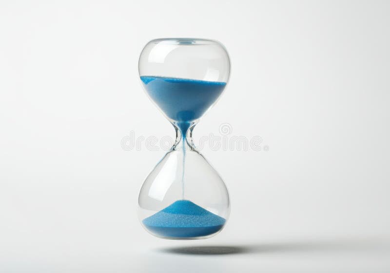 A Floating Miniature Hourglass Filled with Blue Sand, Isolated on a ...