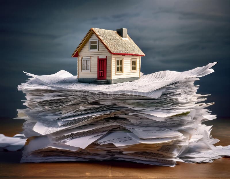 Miniature House Balancing on Stack of Papers Symbolizing Housing Market ...