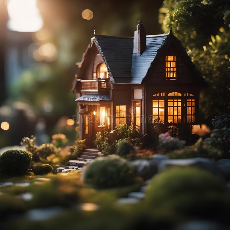 Miniature House with Beautiful Garden with Dramatic Ambient Lighting ...
