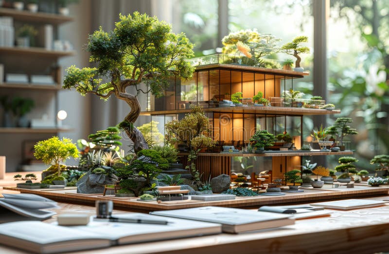 Miniature House. Bonsai Tree and Bonzai on the Table Stock Image ...