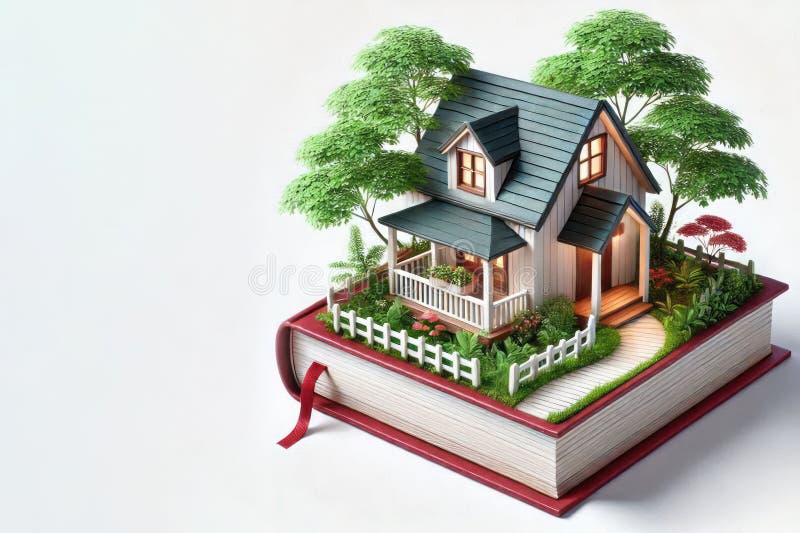 A Miniature House on a Book among the Trees. Space for Text. Stock ...