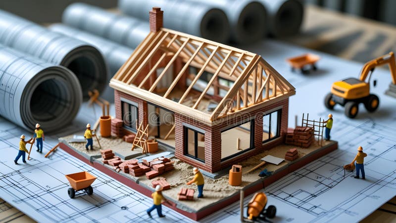 Miniature House Building Model with Tiny Construction Workers Stock ...