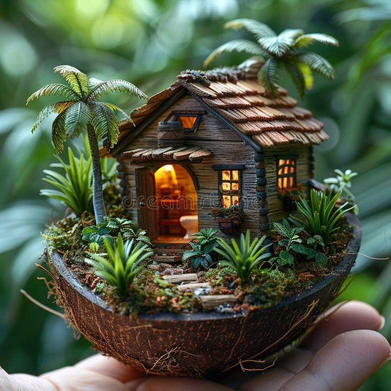 Miniature House in Coconut Shell Stock Illustration - Illustration of ...