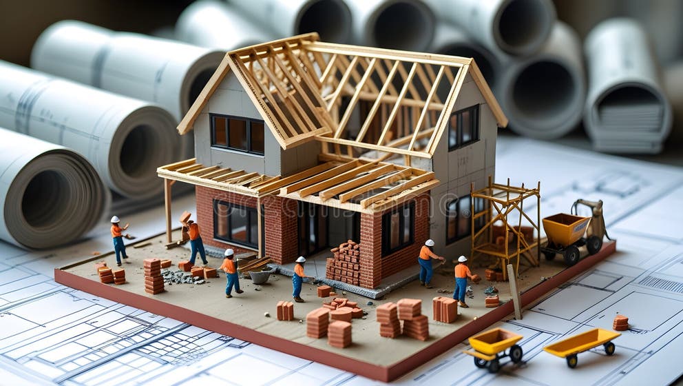 Miniature House Construction Model with Blueprint and Tiny Workers ...