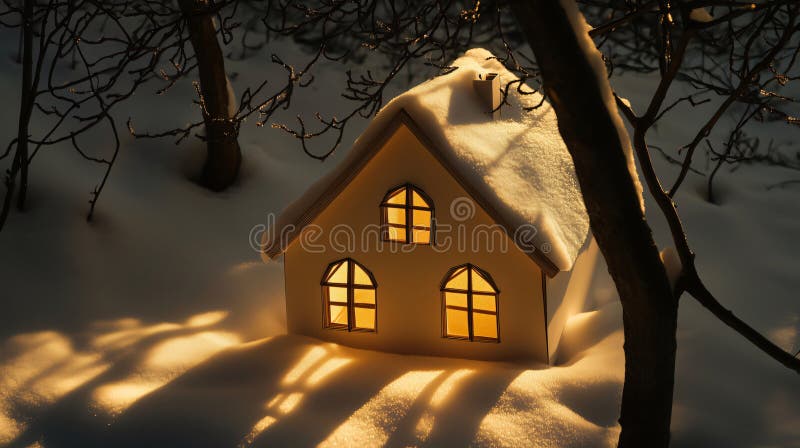 Small Model House Covered in Snow with Lights Shining through the ...