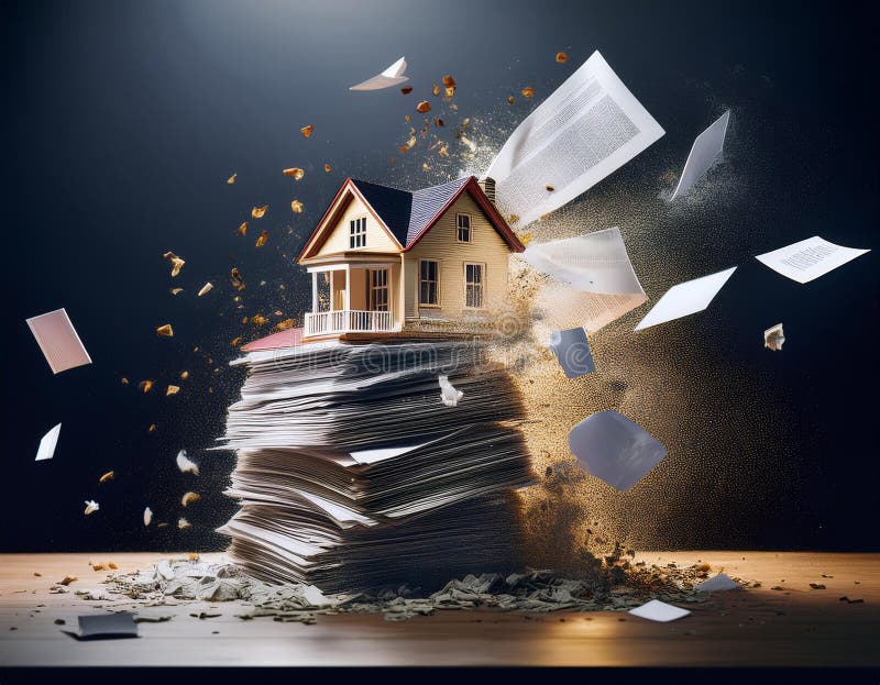 Miniature House Exploding on Top of Stack of Papers Stock Illustration ...