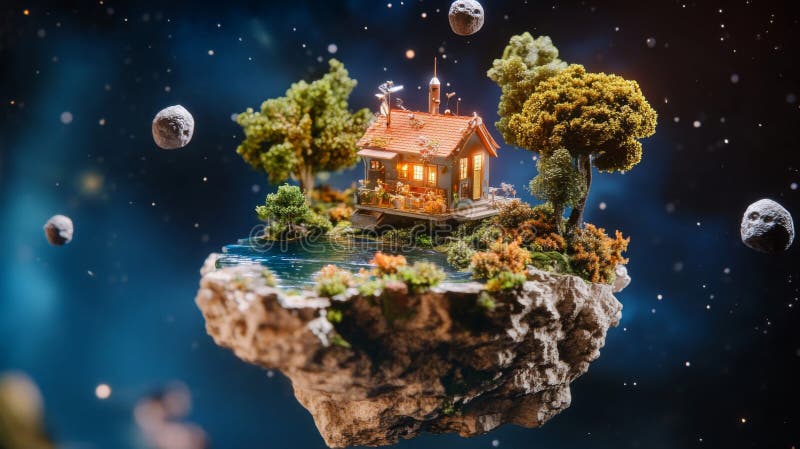 Miniature House on a Floating Island in Space Stock Illustration ...