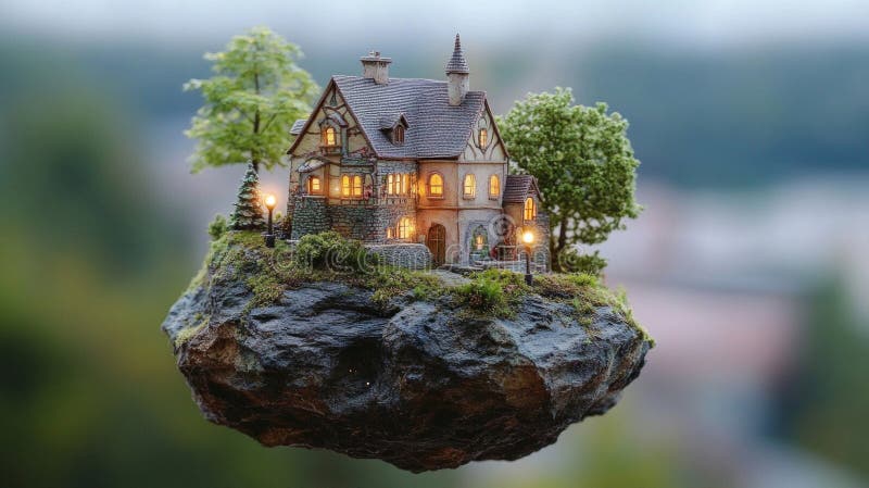Miniature House on a Floating Rock Island Stock Illustration ...
