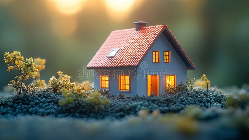Miniature House with Glowing Windows Surrounded by Greenery at Sunset ...