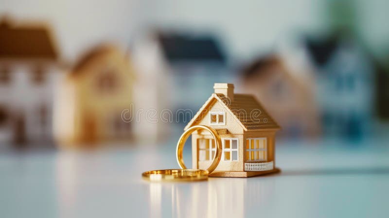 Miniature House with Golden Rings in Focus Stock Photo - Image of ...