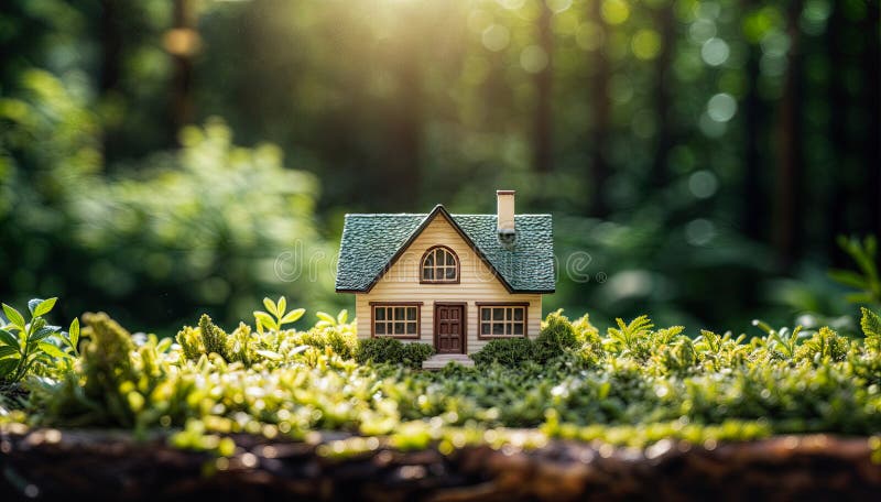 Miniature House on Green Grass in the Forest with Sunlight Background ...