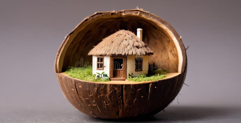 A Miniature House in Half a Coconut Shell Stock Illustration ...