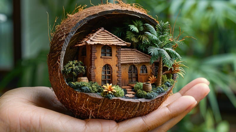 Miniature House Inside a Coconut Shell Stock Illustration ...