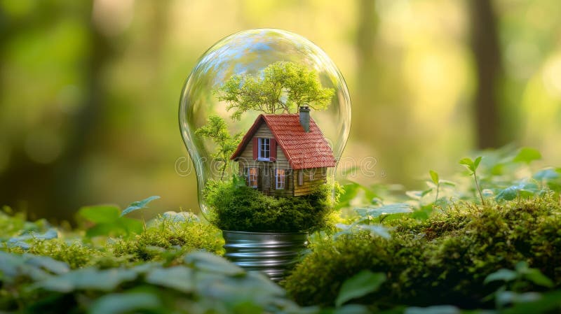 Miniature House Inside Light Bulb in Forest Setting, Eco-friendly ...