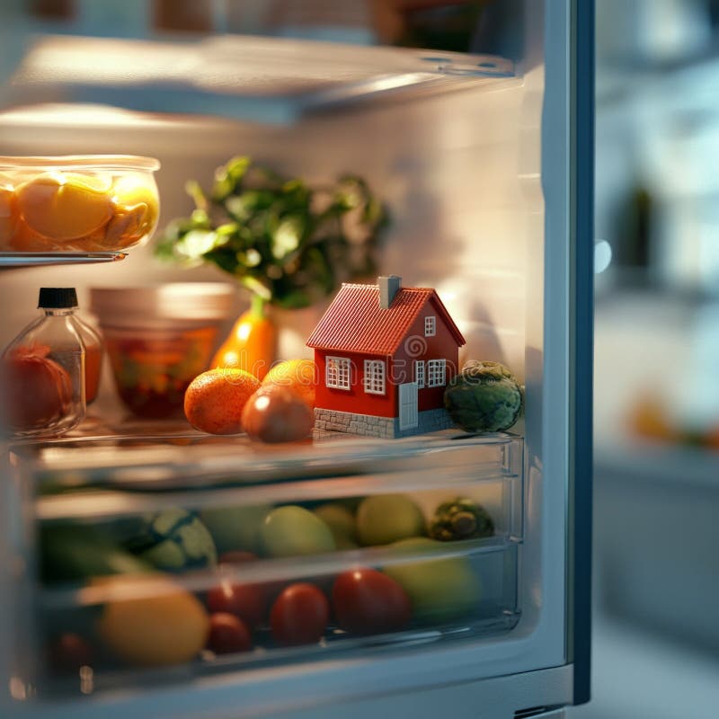 Miniature House Inside a Refrigerator with Fresh Produce and Bottles ...