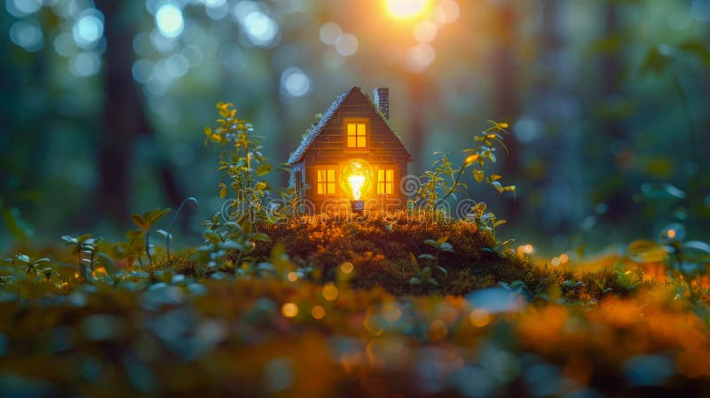 Miniature House with Light Bulb on Green Moss Stock Illustration ...