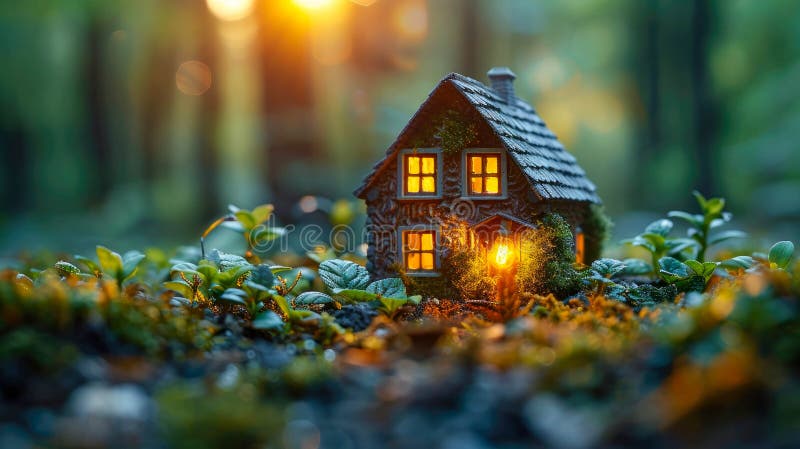 Miniature House with Light Bulb on Green Moss. Eco Concept Stock ...