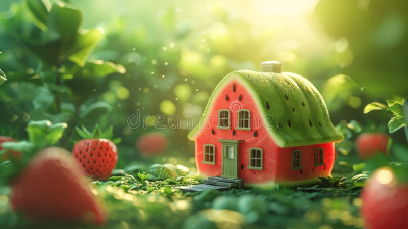 A Miniature House Made of Watermelon Sits in a Field, AI Stock Photo ...