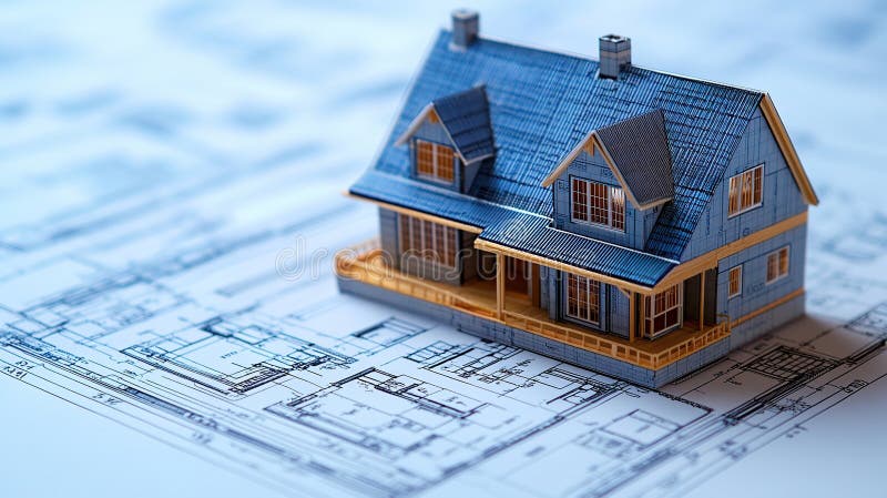 Miniature House Model on Architectural Blueprints Stock Illustration ...