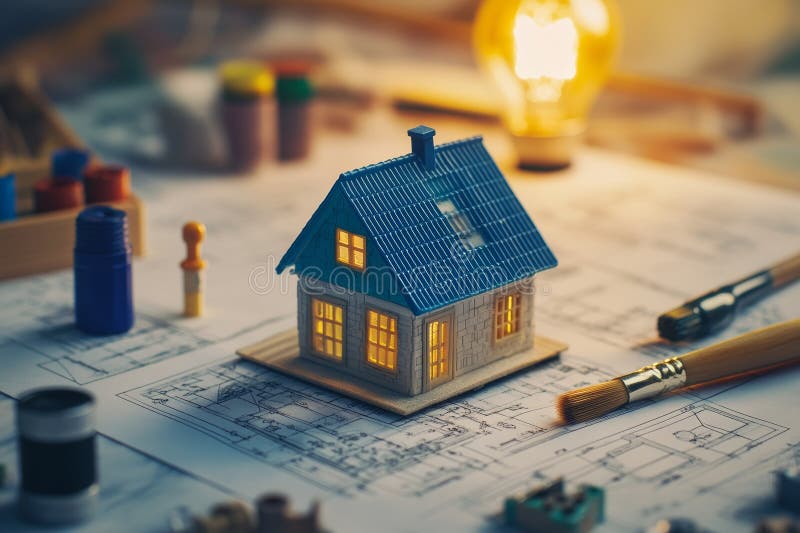 Miniature House Model with Blue Roof on Blueprints Surrounded by Design ...