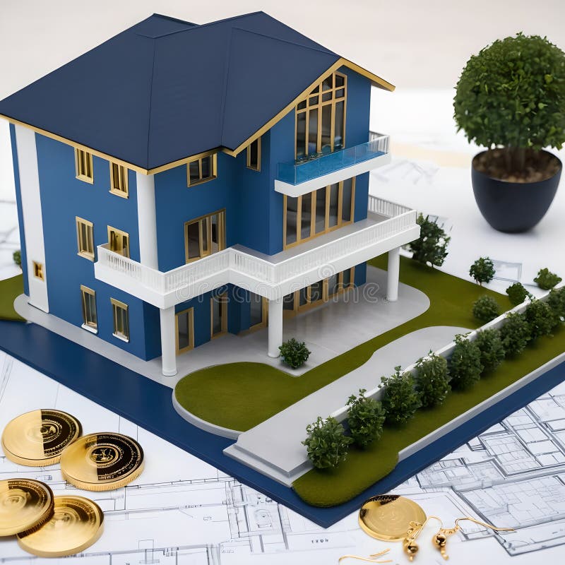Miniature House Model on Blueprint with Gold Coins. Stock Illustration ...