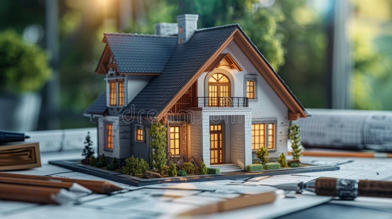 A Miniature House Model on a Blueprint with Pencils and Tools ...