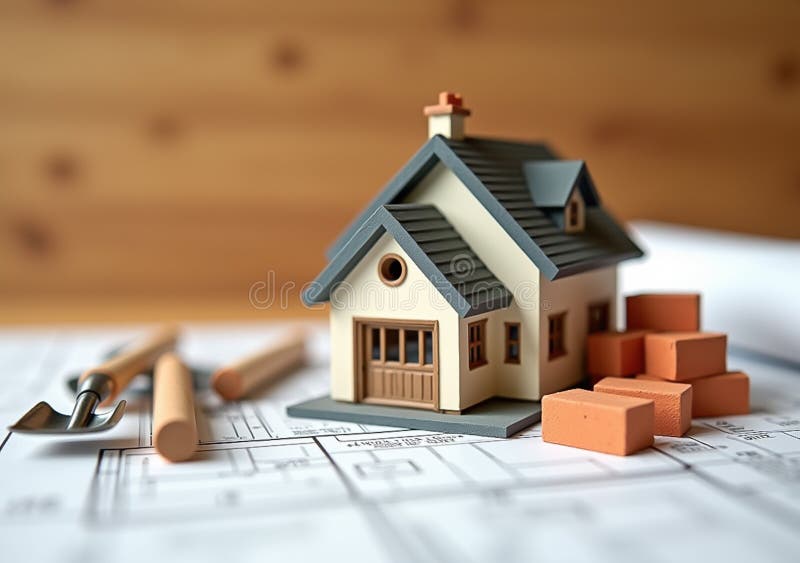 Miniature House Model with Building Blocks and Blueprints Stock Image ...