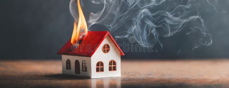 Miniature House Model on Fire with Smoke on a Dark Background. Panorama ...
