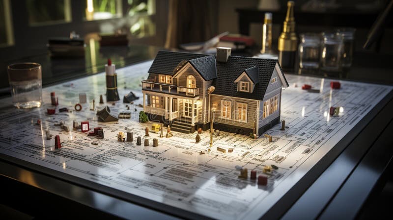 A Miniature House Model with Lights on, Surrounded by Small Objects on ...