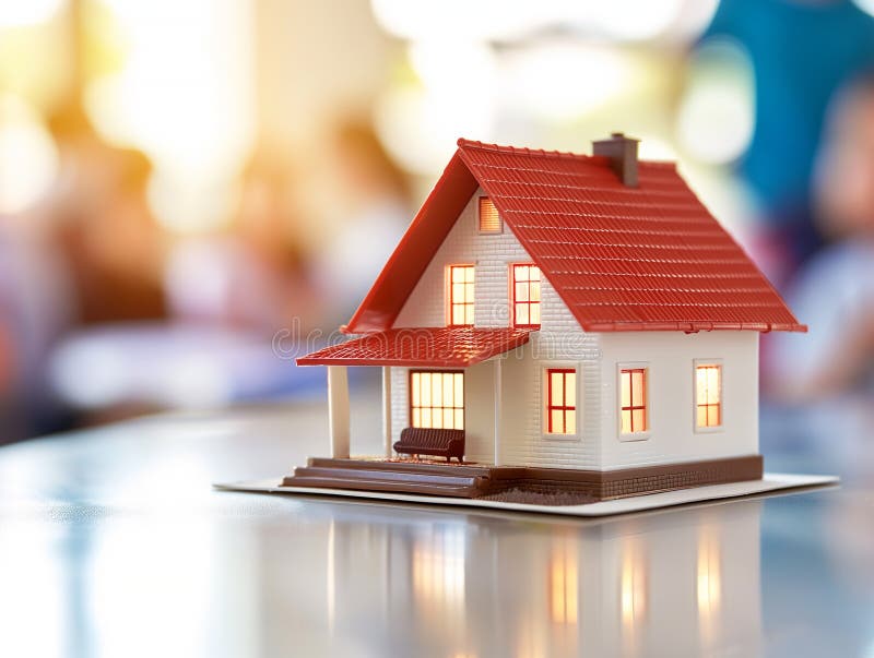 Miniature House Model with a Red Roof and Illuminated Windows, with ...