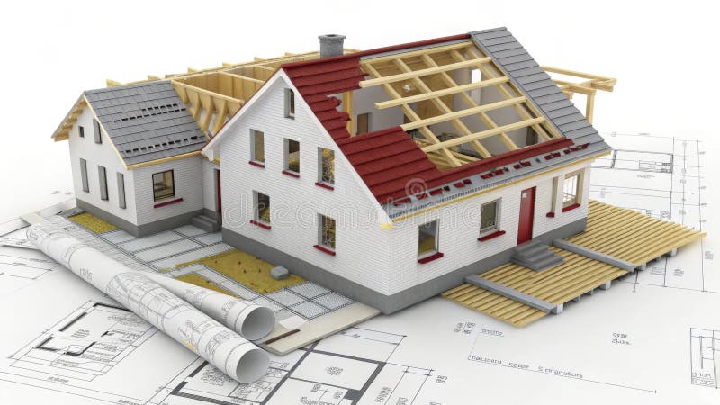 Model House Under Construction Lying on Top of Blueprints, Showing ...