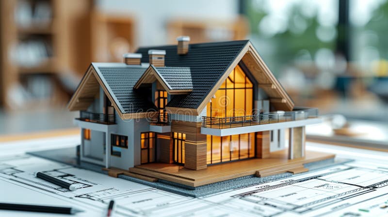 A Miniature House Model Sits on Architectural Blueprints, Illuminated ...