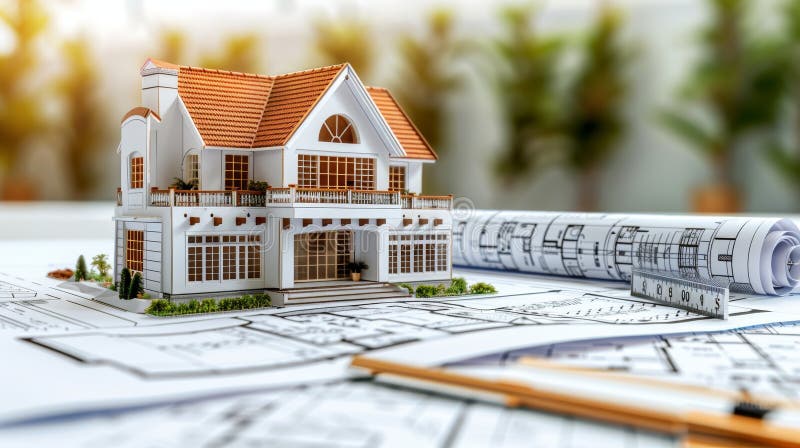 A Miniature House Model Sits on Architectural Blueprints, Stock ...
