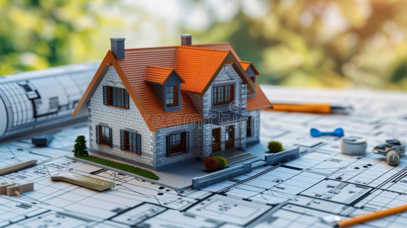 A Miniature House Model Sits on Architectural Blueprints, Surrounded by ...