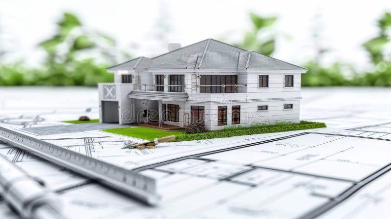 A Miniature House Model Sits Atop Architectural Blueprints with a Ruler ...