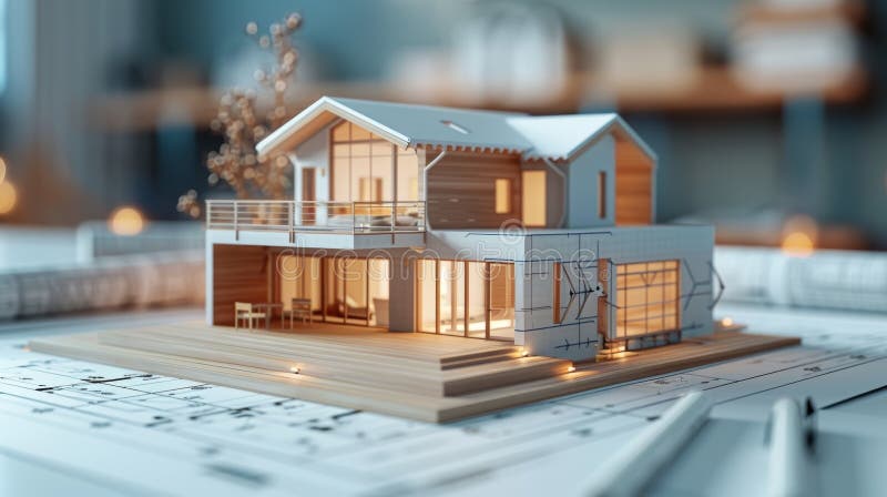 A Miniature House Model Sits on Blueprints, Illuminated with Warm Light, Suggesting Home Design ...