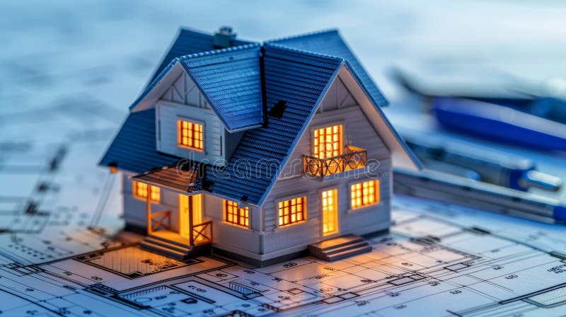 A Miniature House Model Sits on Blueprints with Warm, Glowing Windows ...