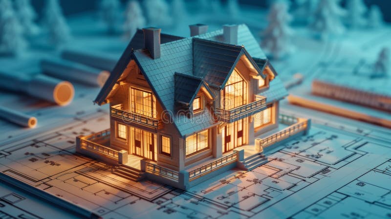 A Miniature House Model Sits on Blueprints with Warm Lighting ...