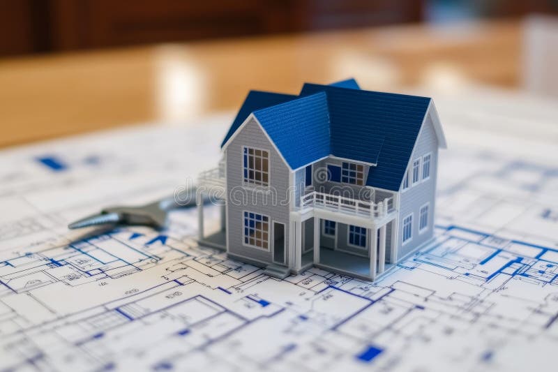 Miniature House Model Standing on Blueprints with Pliers Suggesting ...
