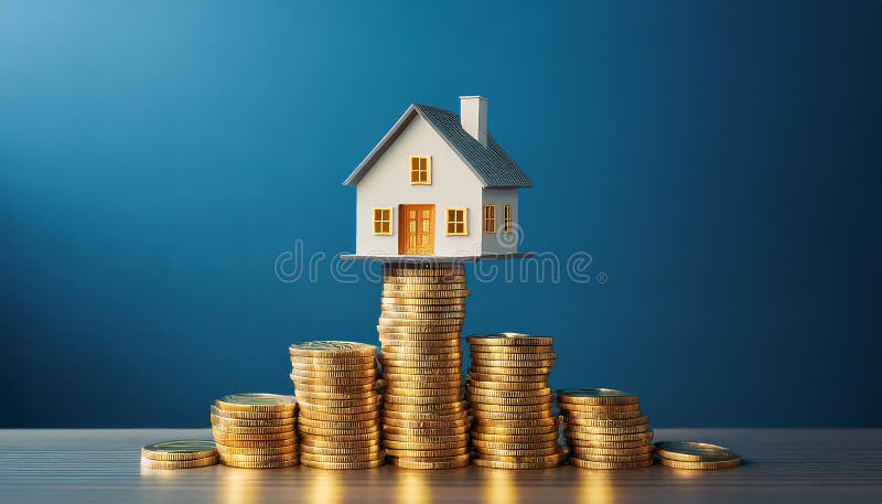 Miniature House Model Standing on a Stack of Coins Representing ...