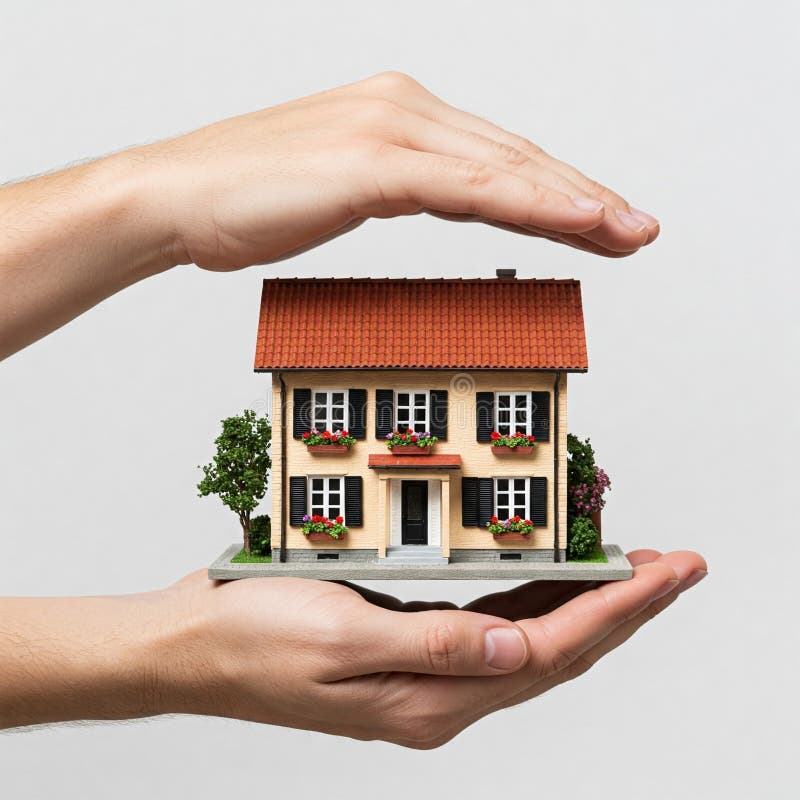 Miniature House Protected by Hands – Generative AI Stock Illustration ...
