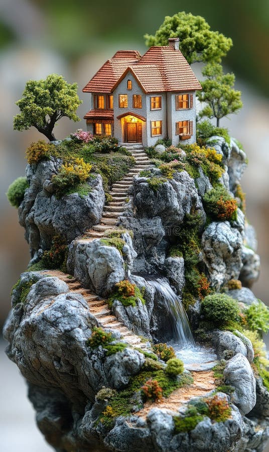 Miniature House on Rocky Cliff with a Waterfall and Lush Greenery Stock ...