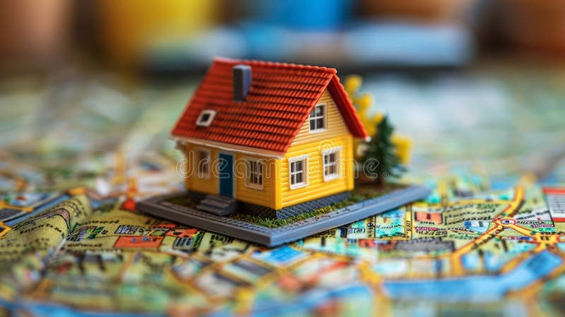 A Miniature House Sitting on Top of a Map with Trees, AI Stock ...