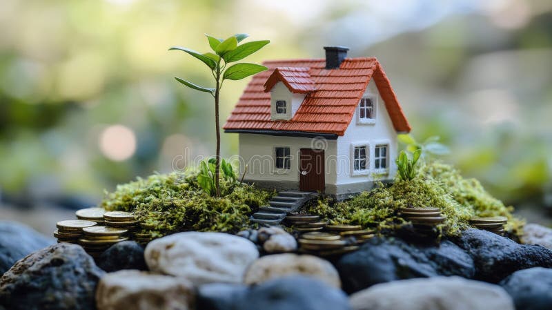Miniature House Surrounded by Coins and Green Plants on Moss Stock ...