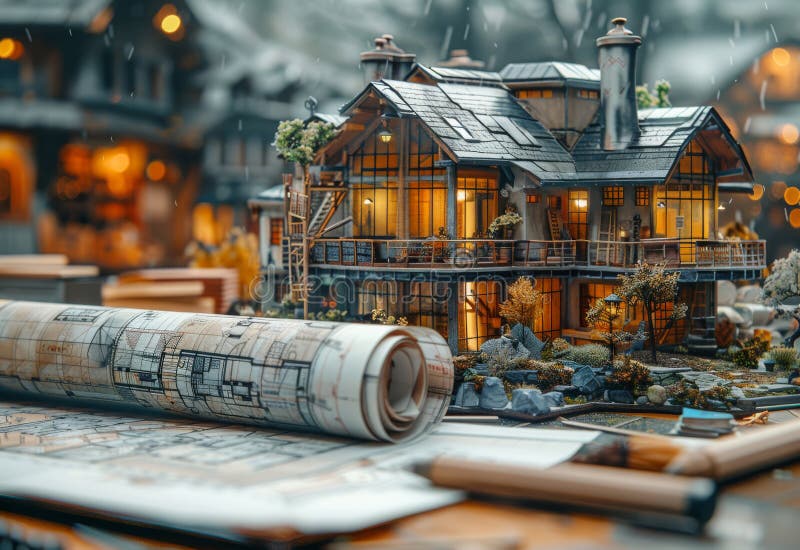 Miniature House on the Table with Blueprints and Architectural Plans ...
