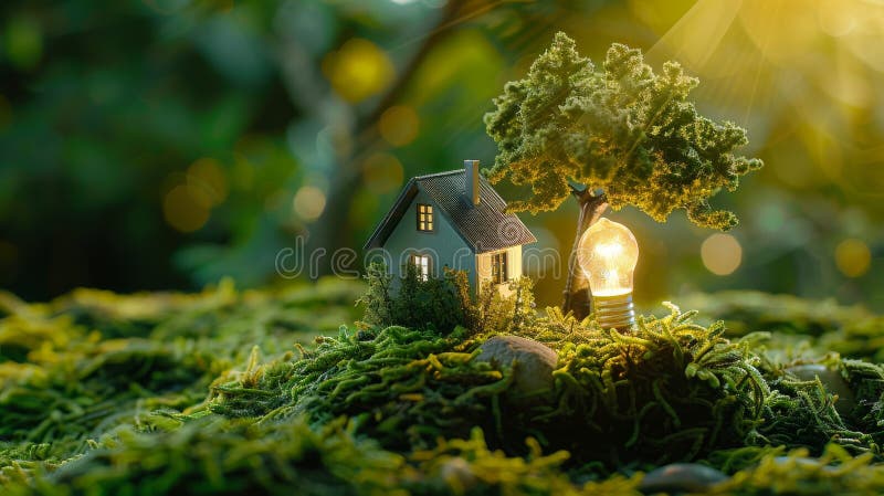 Miniature House and Tree with Glowing Light Bulb in Lush Green Forest ...