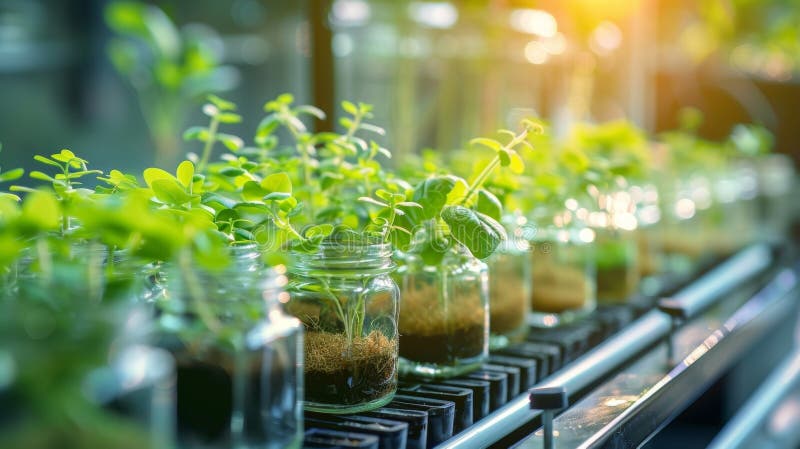 A Miniature Hydroponic Setup with Rows of Miniature Plants Growing in ...